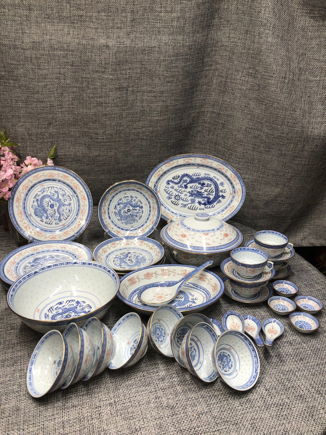 Vintage Chinese Rice Eye Dragon Blue White Red Dinner Plate, Soup Plate ...