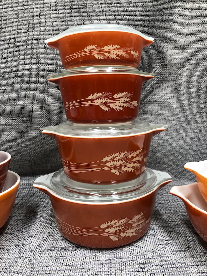 Pyrex Orange Autumn Harvest Wheat Casserole 471-475, Mixers 401-403 ...