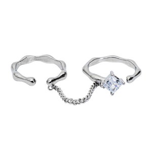 Rhinestones Double Ring With Chain Opening Adjustable Rings - Etsy