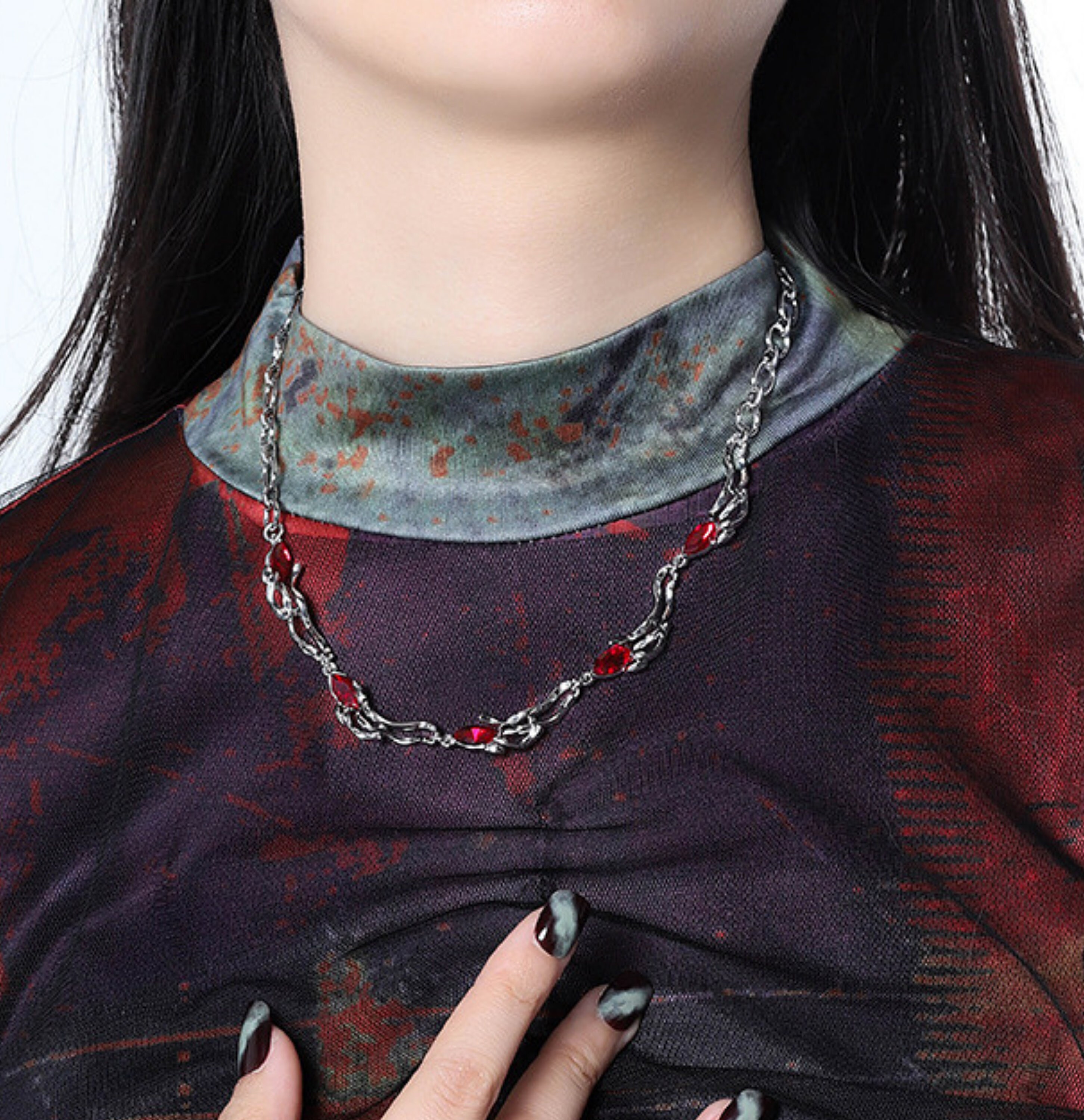 Red Stone Liquid Metal Chain Necklace Silver Minimal Red - Etsy