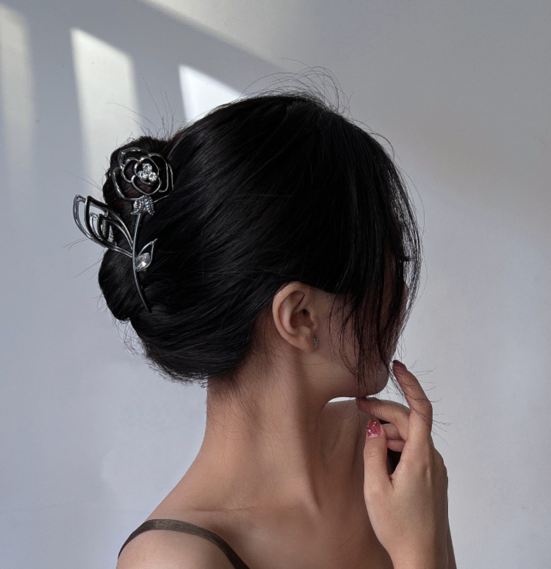 Gothic Black Rose Hair Claw Rose Metal Hair Clips Goth Rose Hair Claw ...