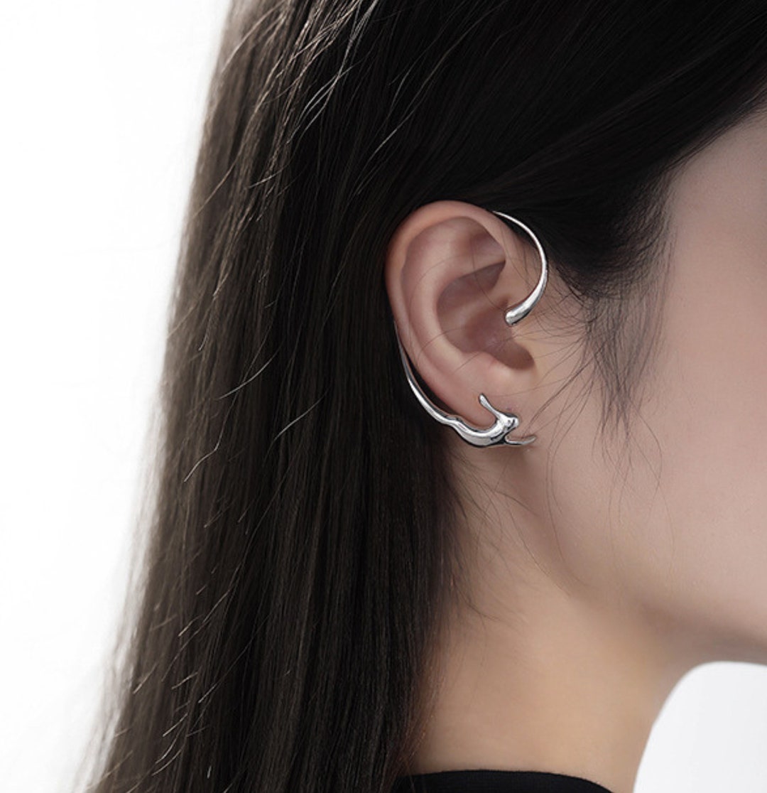 Futuristic Silver Ear Wrap Liquid Metal Ear Cuff Minimal Ear Climber ...