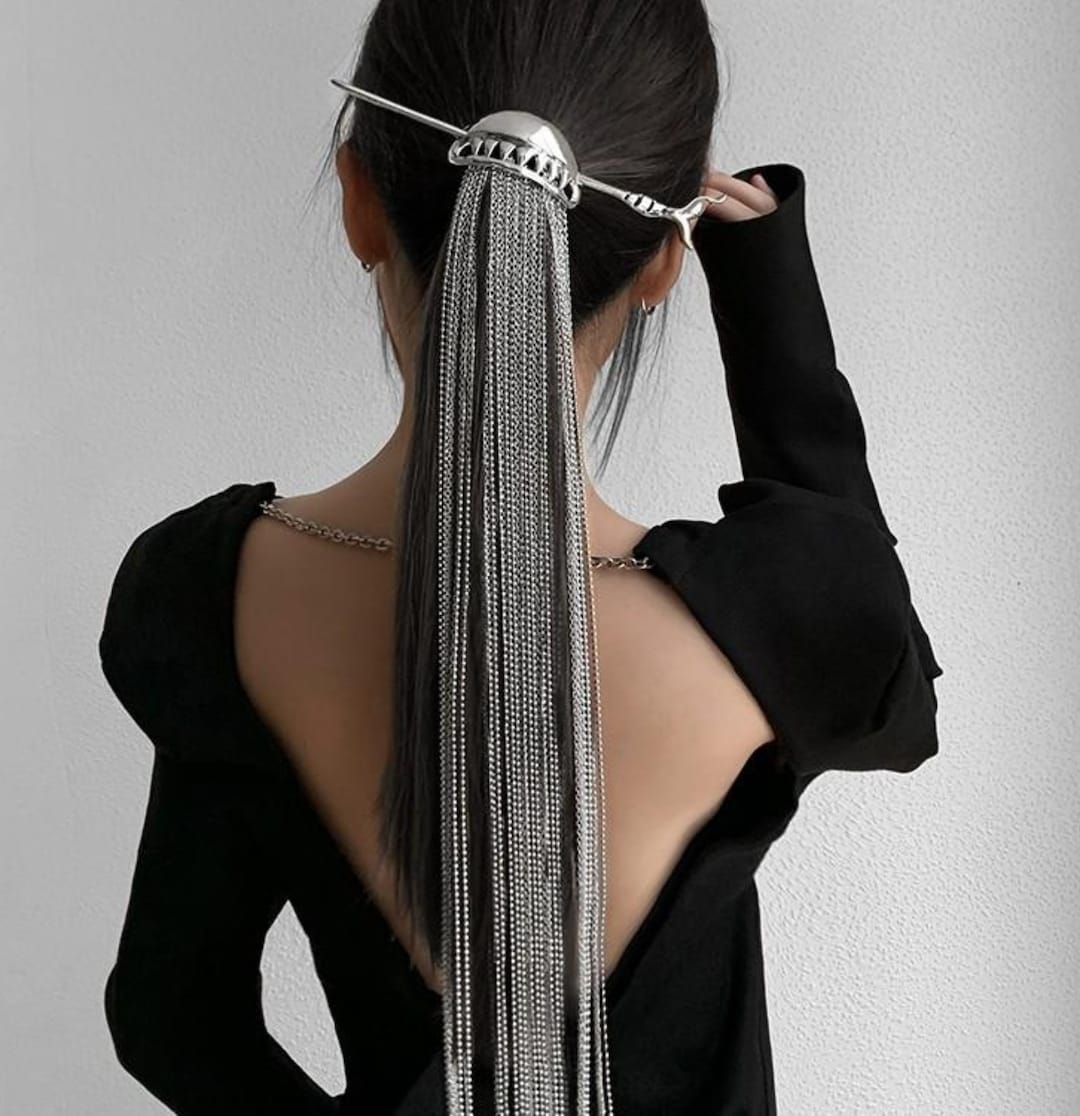 Shark Hair Stick Clip With Long Tassel Silver Chain Hair Clips Unique ...