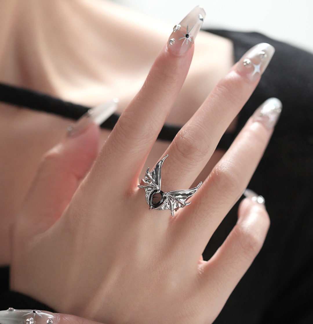 Silver Black Bat Ring Bat Ring Black Bat Ring Bat Jewelry Cool Edgy ...