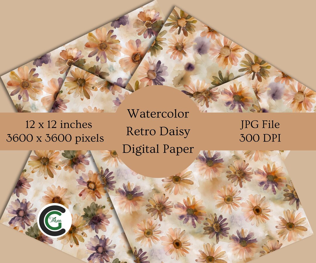 Printable Watercolor Retro Daisy Digital Paper Floral Scrapbook ...