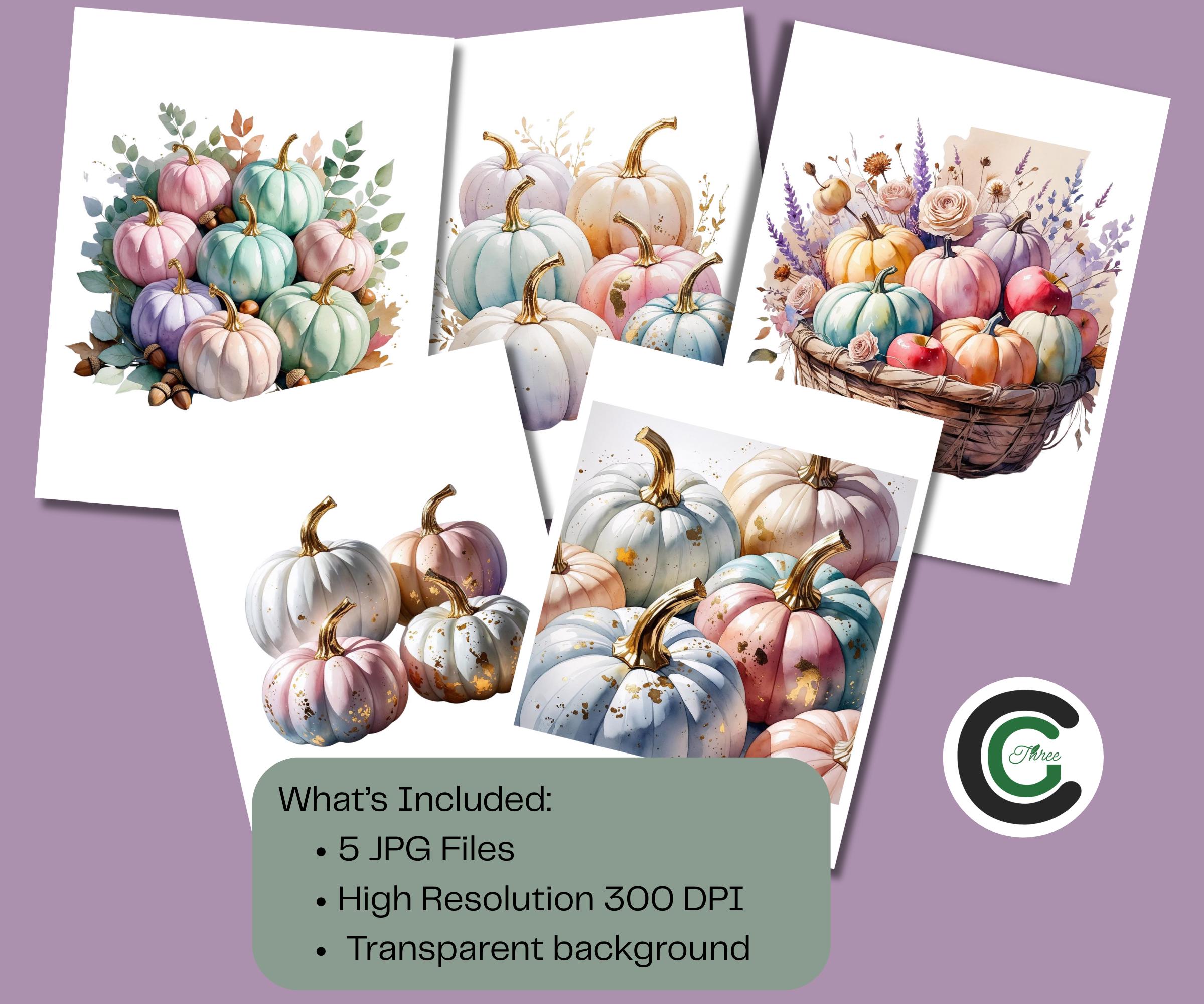 Pastel Watercolor Pumpkins Clipart Set: Fall & Halloween PNG (digital ...