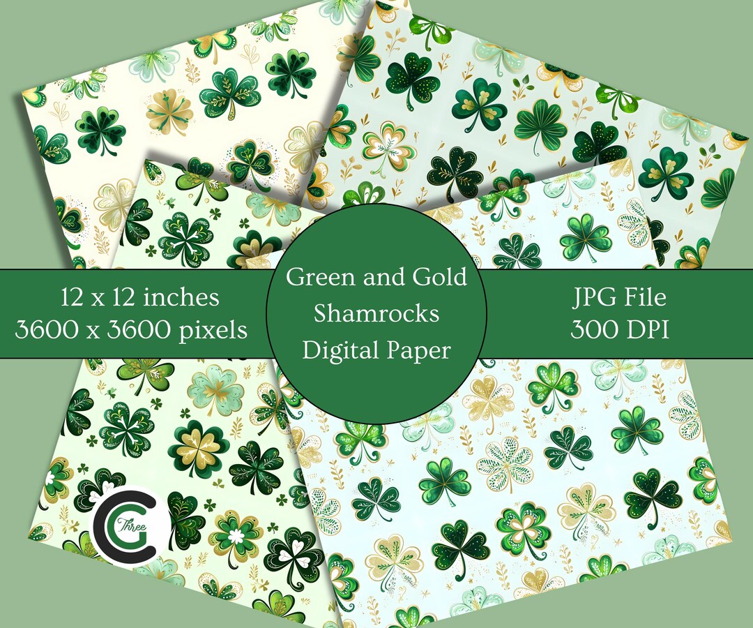 Printable Shamrock Digital Paper Pack St. Patrick's Day Green and Gold ...