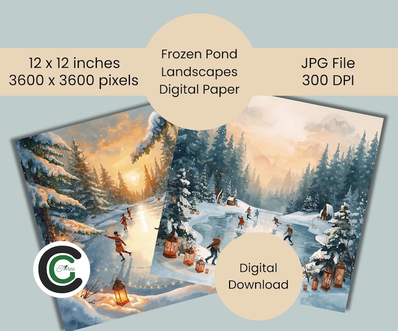 Frozen Pond Landscape Digital Paper Winter Snow Scene Backgrounds Icy ...