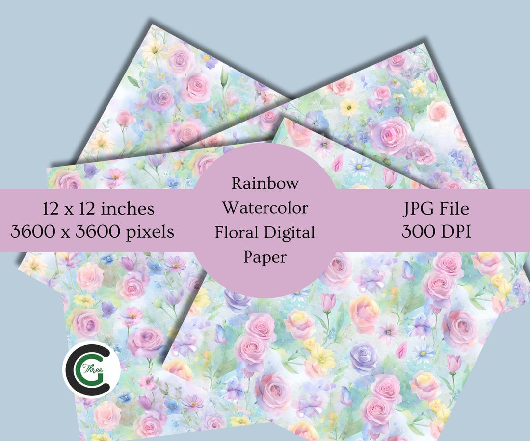 Printable Rainbow Watercolor Floral Digital Paper Seamless Backgrounds ...
