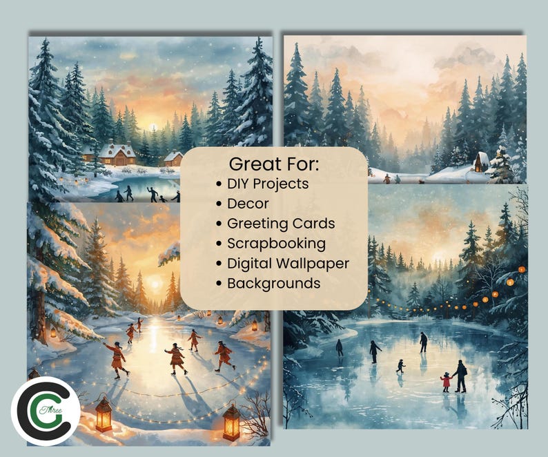 Frozen Pond Landscape Digital Paper Winter Snow Scene Backgrounds Icy ...