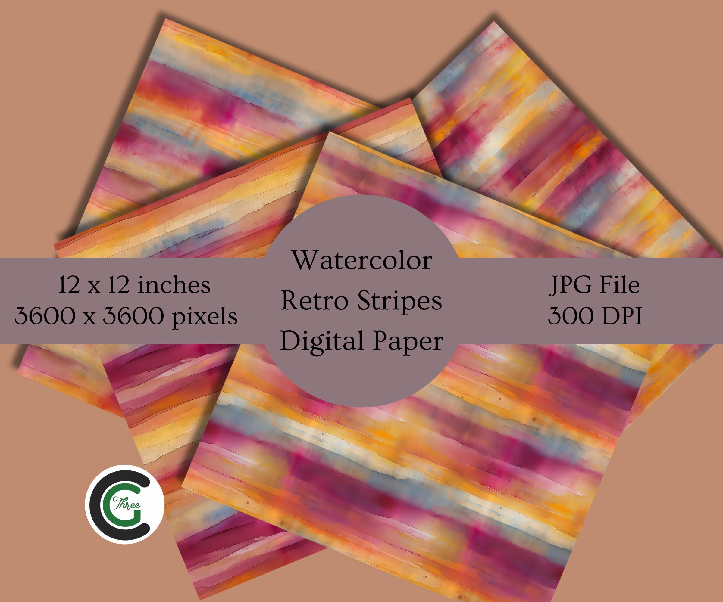 Printable Retro Watercolor Stripes Digital Paper for Scrapbooking Card ...