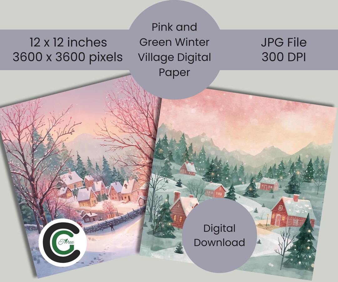 Winter Village Digital Paper: Blush & Pine Cottage Scenes (JPG) - Etsy