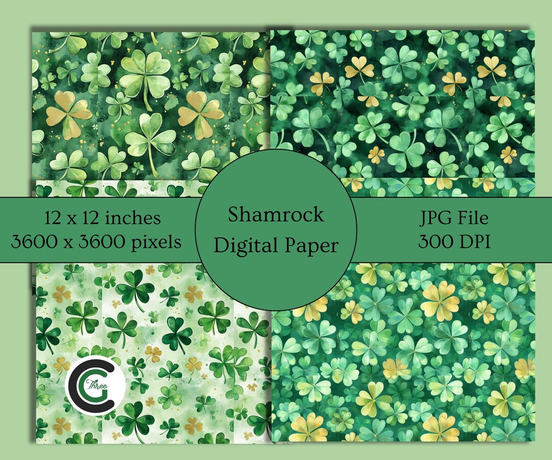 Printable Shamrock Digital Paper Pack St. Patrick's Day Green and Gold ...