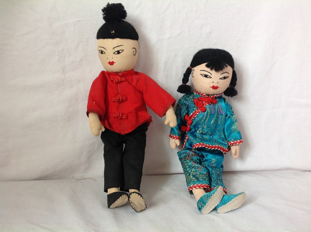 Vintage Asian Dolls Pair Style of Ada Lum Hong Kong Embroidered Highly ...