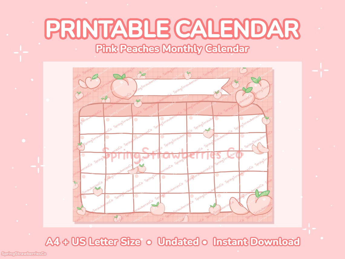 PRINTABLE CALENDAR | Pink Peaches | Cute Digital Monthly Calendar ...