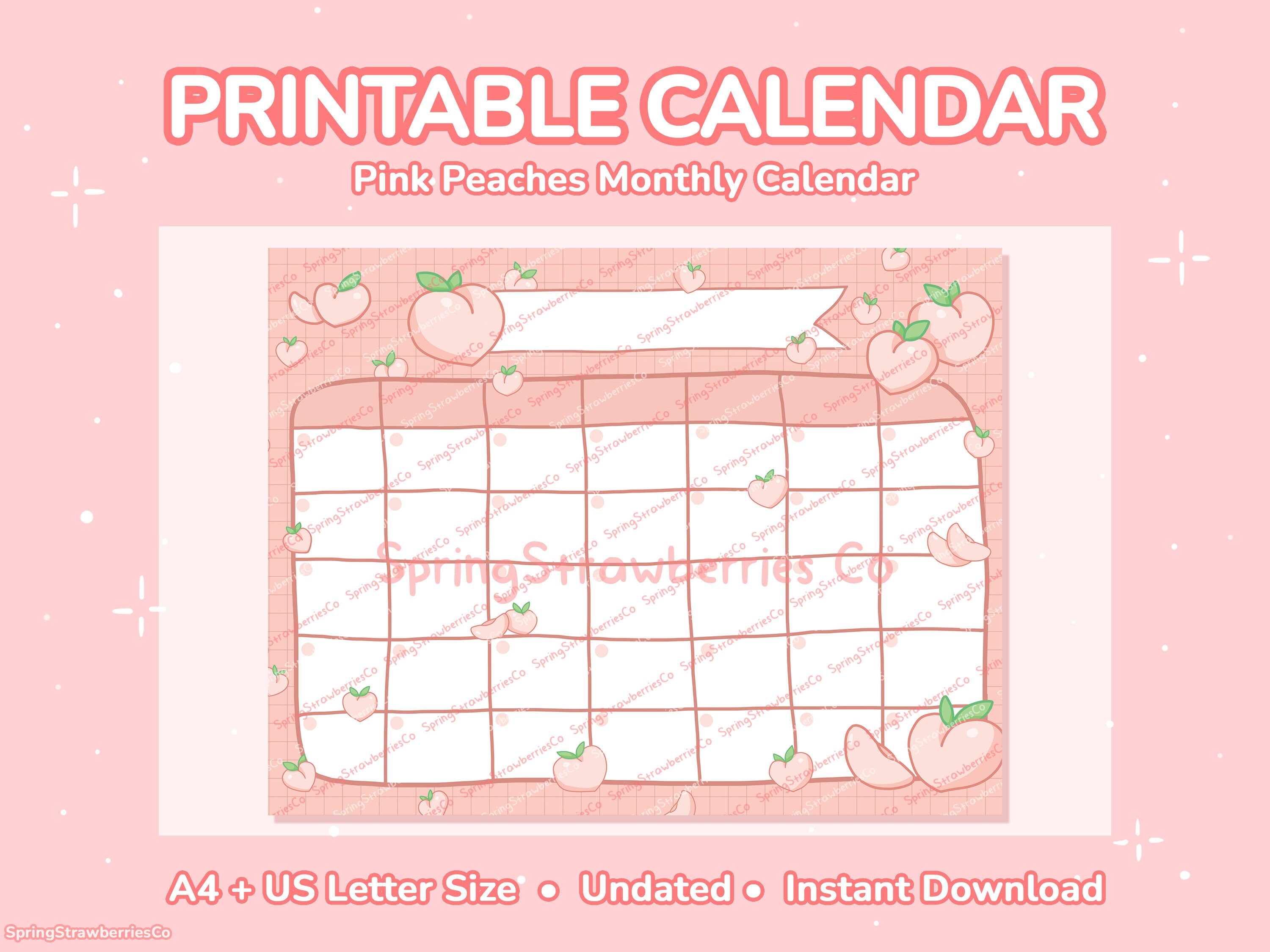 PRINTABLE CALENDAR | Pink Peaches | Cute Digital Monthly Calendar ...