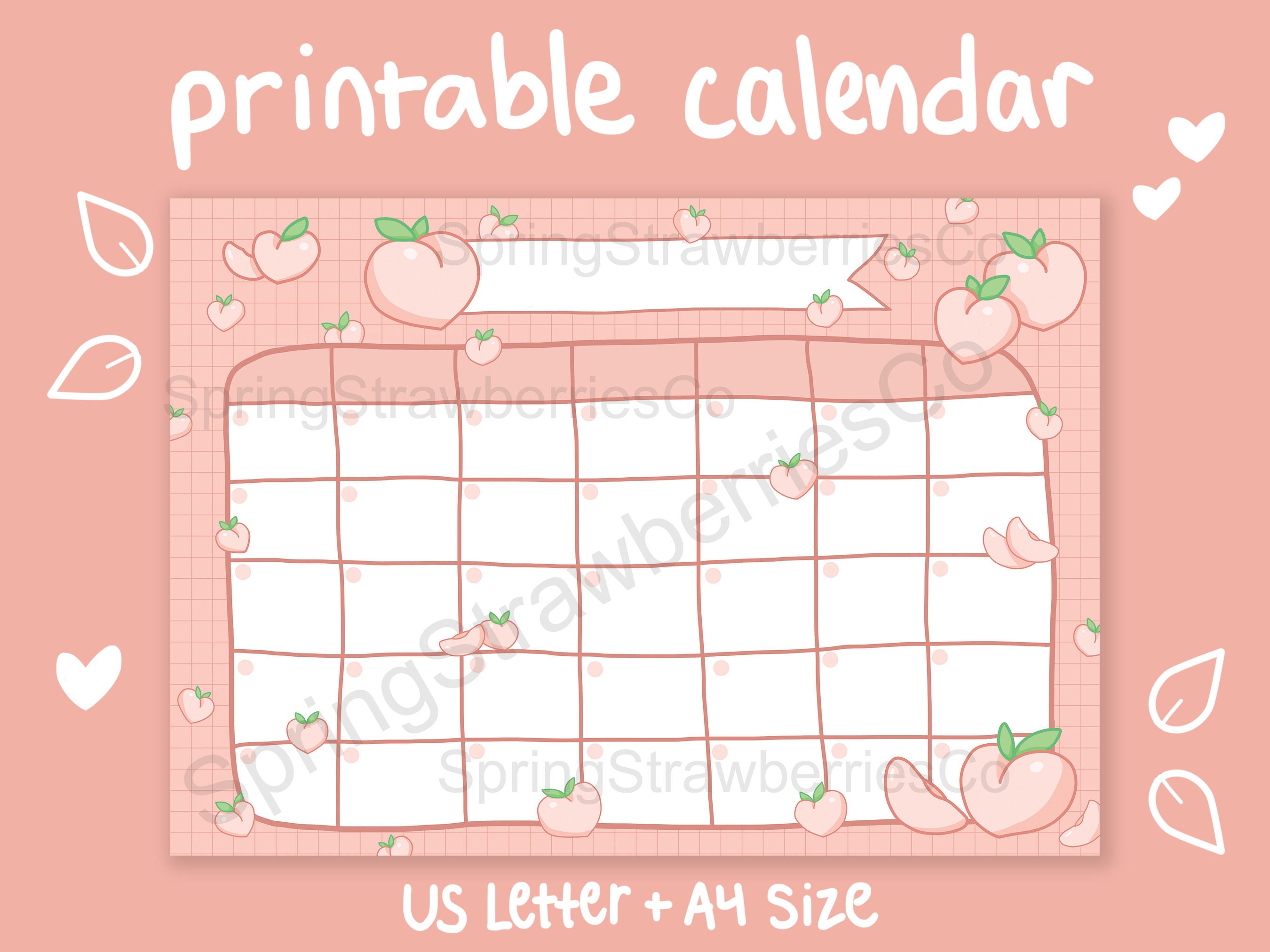 PRINTABLE CALENDAR Pink Peaches Cute Digital Monthly Calendar Instant ...