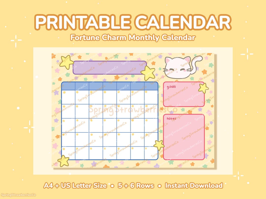Cute Colorful Stars & Cat Undated Printable Monthly Calendar for ...