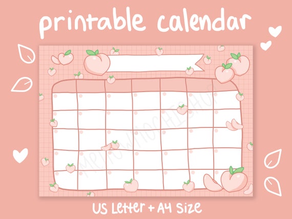 PRINTABLE CALENDAR Pink Peaches Cute Digital Monthly - Etsy