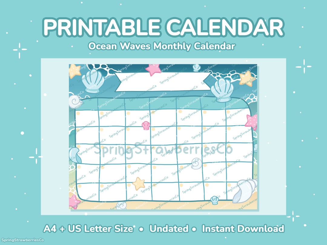 PRINTABLE CALENDAR | Ocean Waves | Cute Digital Monthly Calendar ...