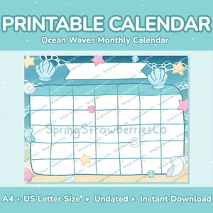 PRINTABLE CALENDAR | Ocean Waves | Cute Digital Monthly Calendar ...