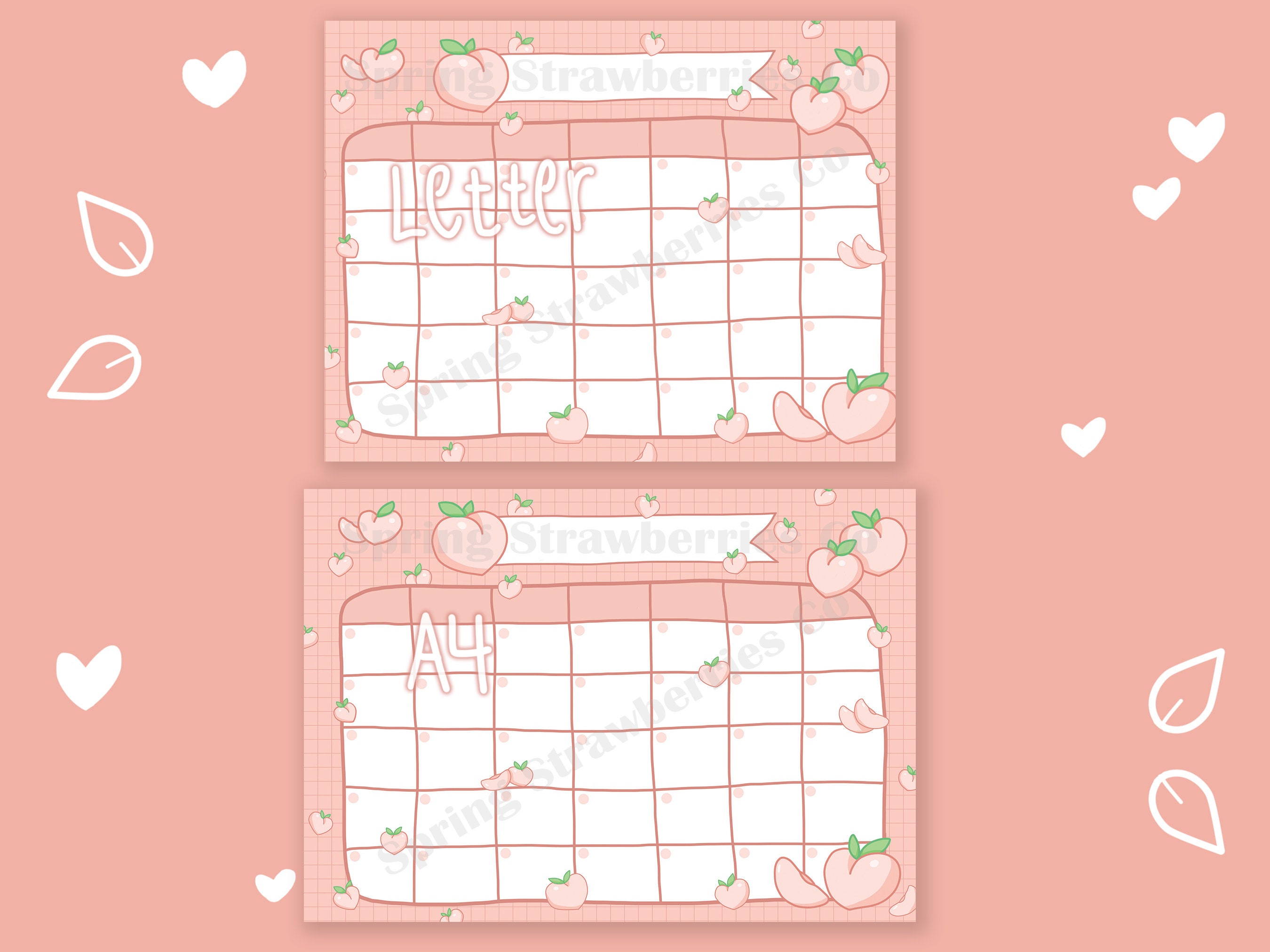 PRINTABLE CALENDAR Pink Peaches Cute Digital Monthly Calendar Instant ...