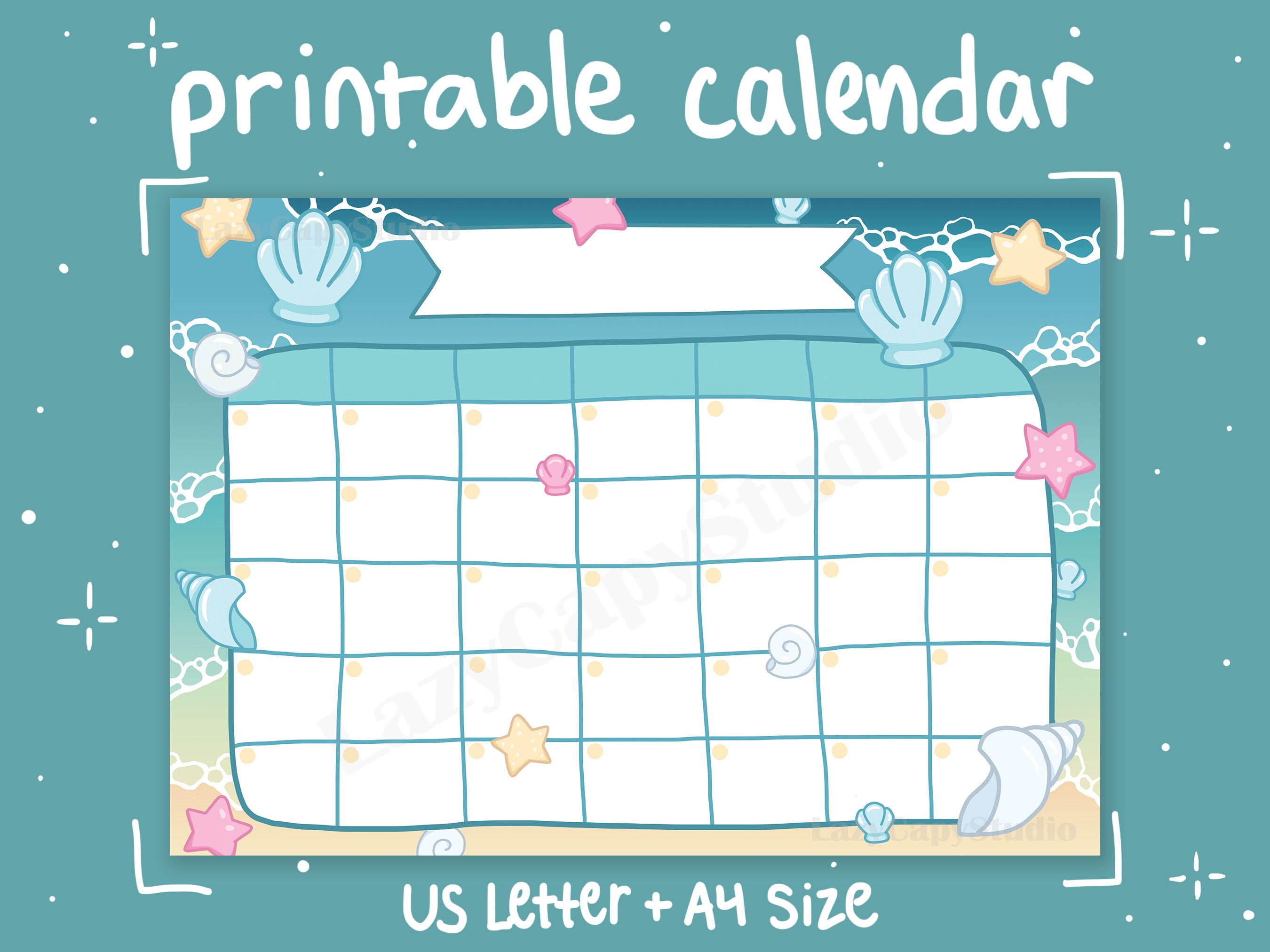 PRINTABLE CALENDAR Ocean Waves Cute Digital Monthly Calendar Instant ...