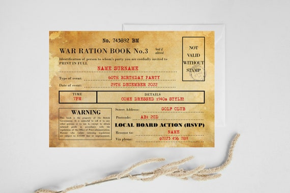 Personalised 1940s War Ration Book Party Invitations - Etsy UK