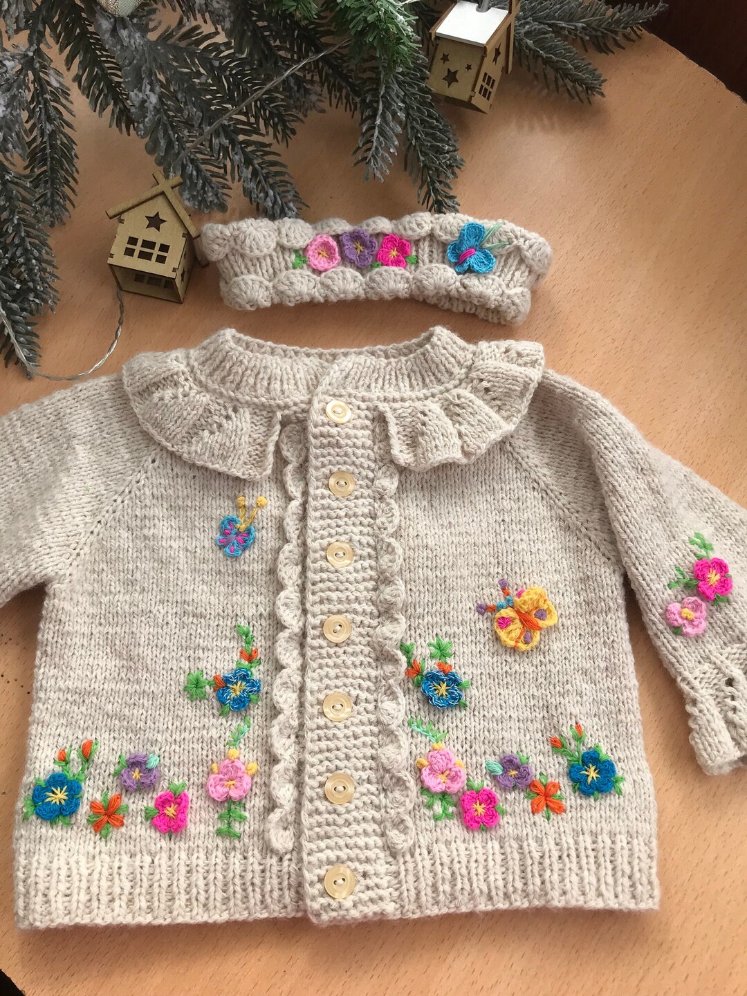 Hand-knitted Baby Cardigan Set: Embroidered Floral Headband - Etsy
