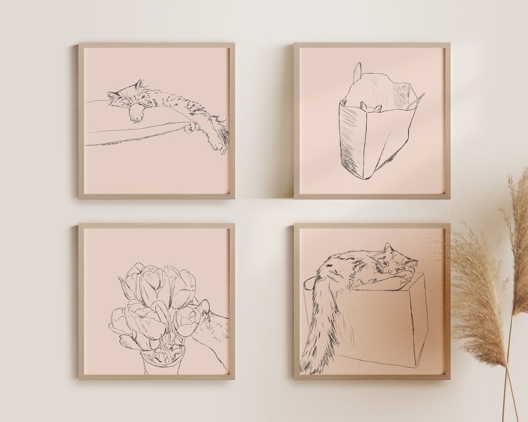 Set of 4 Cats Being Cats Sketch Wall Art, Line Drawings Set of 4 ...
