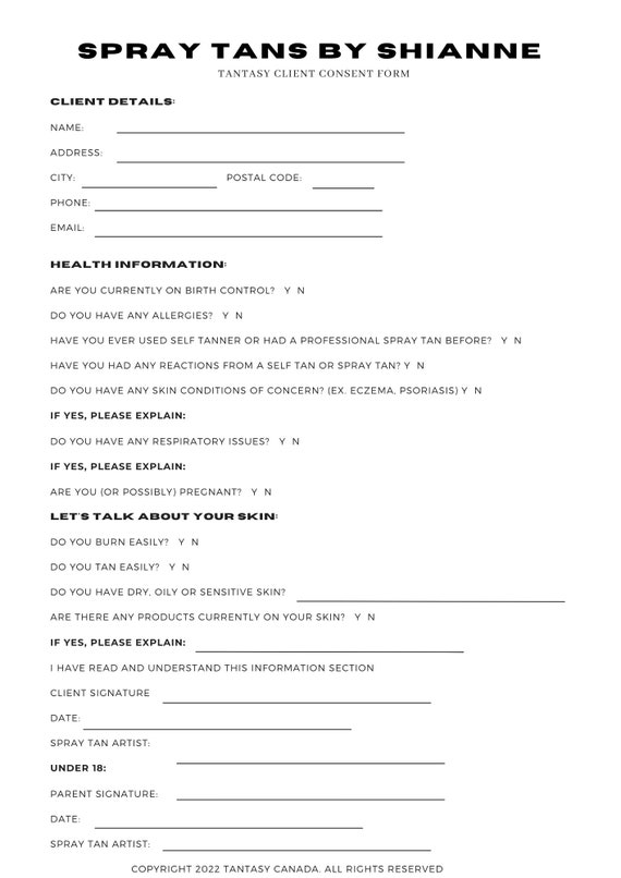 Spray Tan Client Consent Form - Etsy