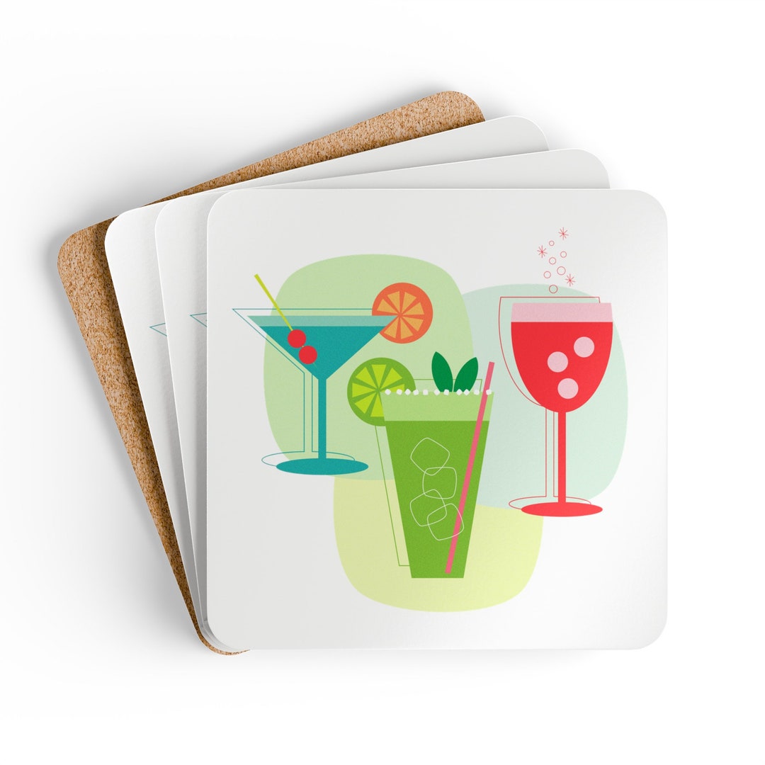 Mid Century Modern Coasters, Atomic Cocktail Coaster Set of 4, Cork ...