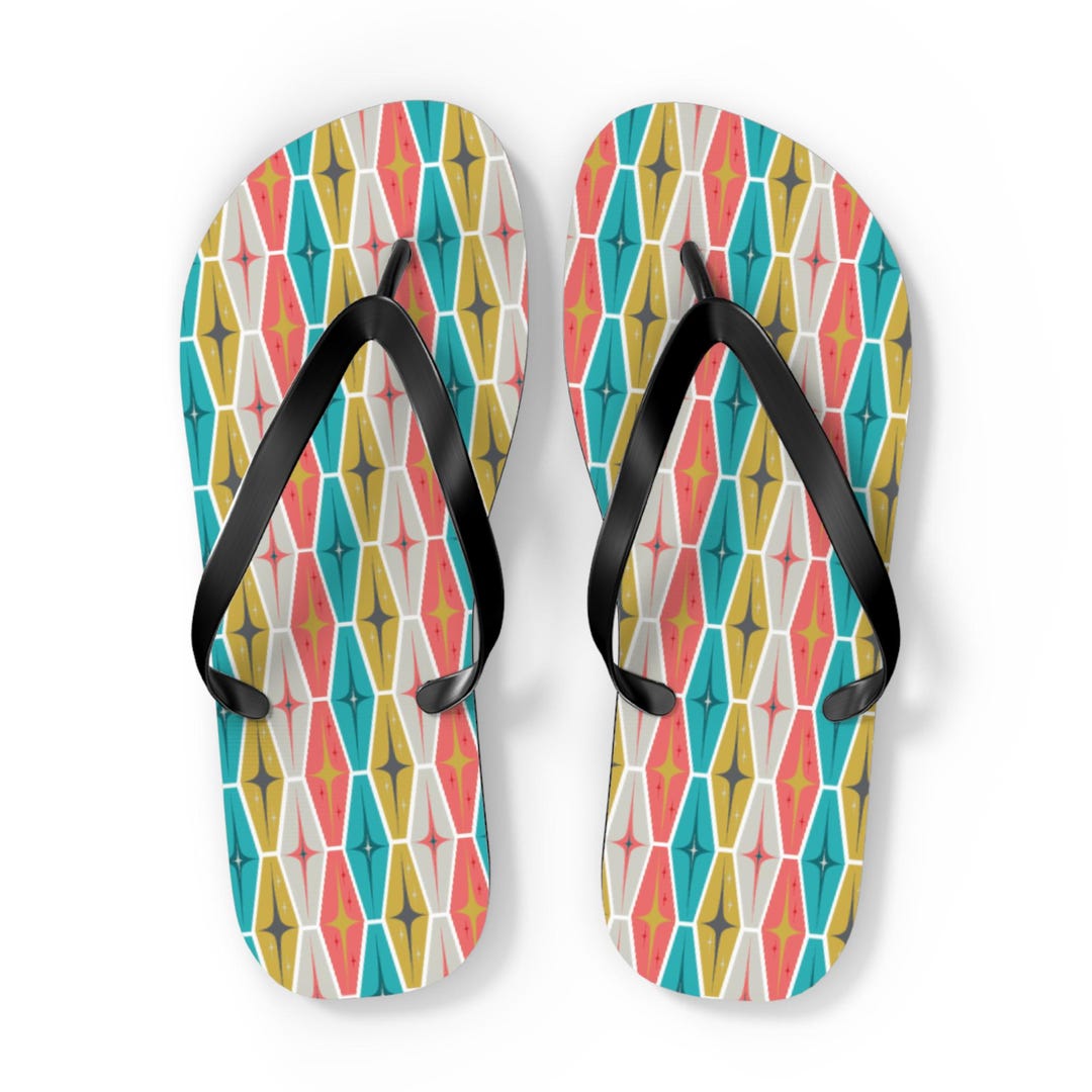 Retro Flip Flops, Mid Century Modern, 1970s, Colorful Coral Teal Gold ...