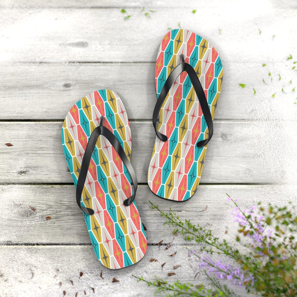 Retro Flip Flops, Mid Century Modern, 1970s, Colorful Coral Teal Gold ...