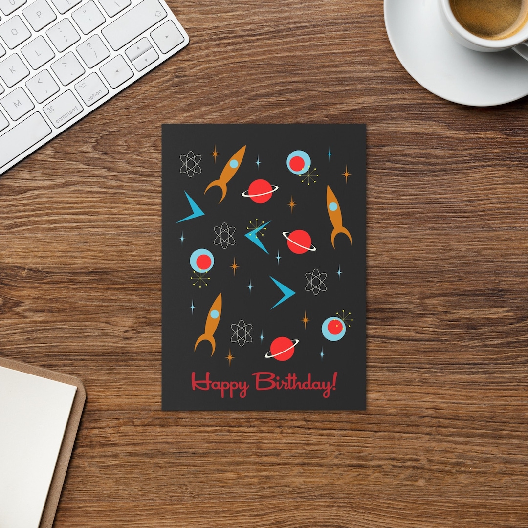 Space Birthday Card, Mid-century Modern Retro Rocket Card, Atomic Space ...
