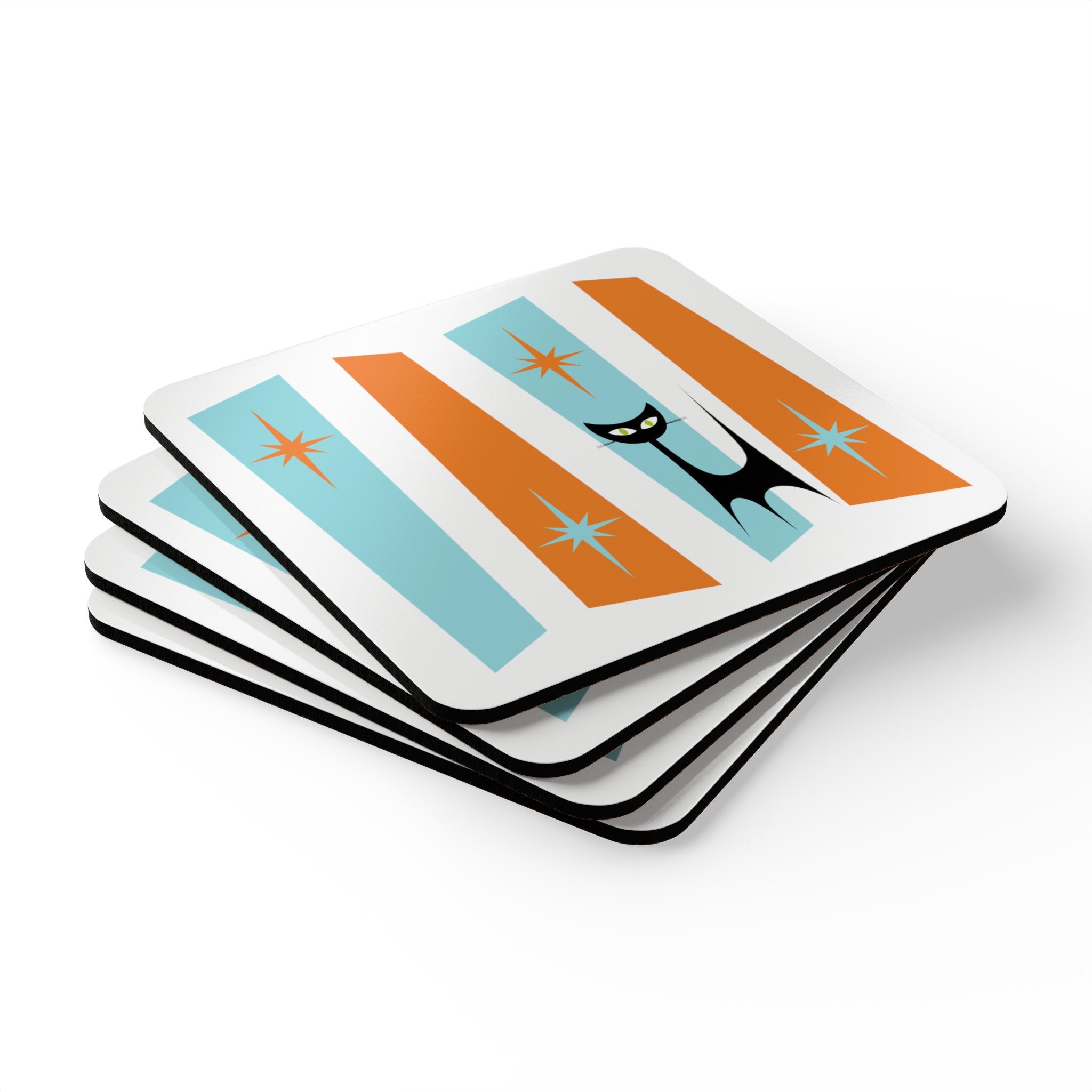 Mid Century Modern Atomic Cat Coasters Set of 4, Cork, Blue and Orange ...