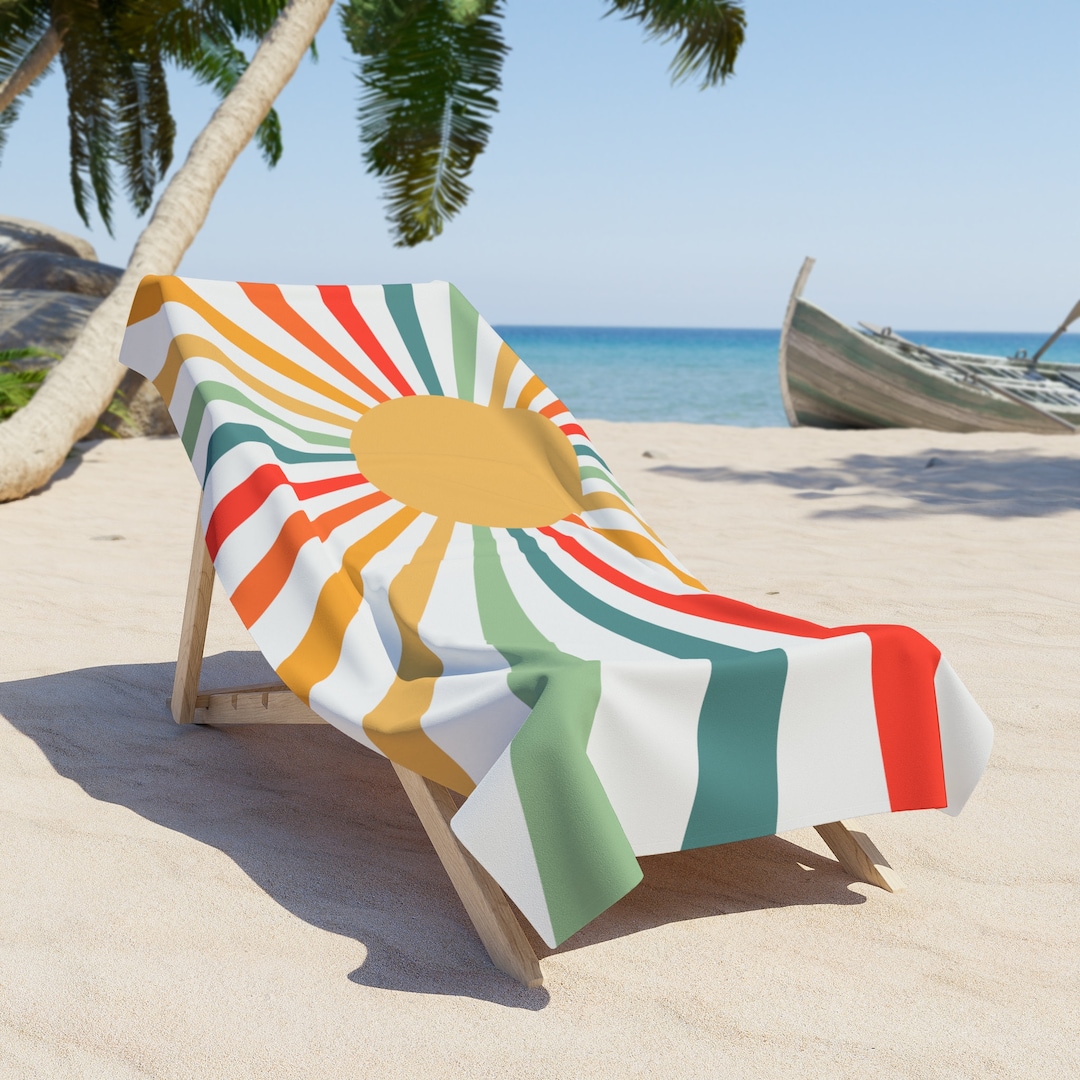 Retro Sun Beach Towel, Boho Sun Rays Bath Towel, 70s Rainbow Sun Beach ...
