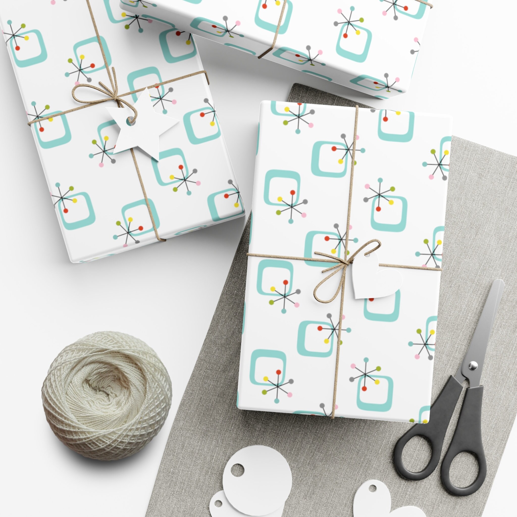 Wrapping Paper, Mid-century Modern Atomic Starbursts and Squares Gift ...