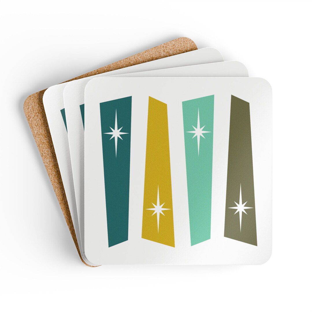 Mid Century Modern Coasters, Atomic Starburst Coaster Set of 4, Cork ...