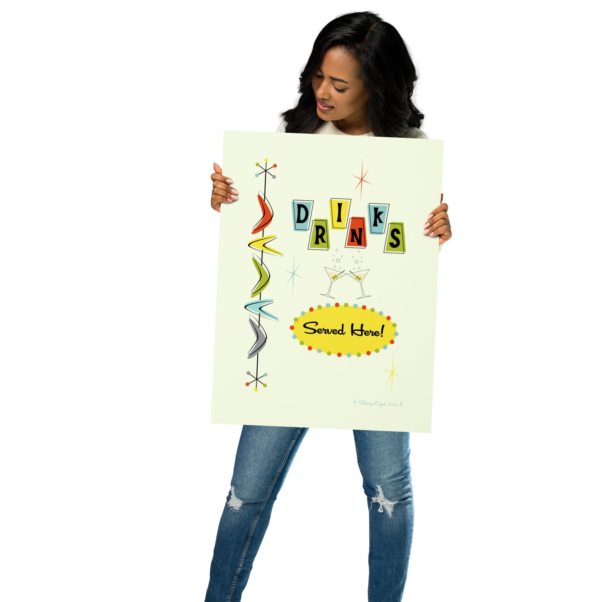 Mid-century Bar Sign Print, Drinks Served Here Atomic Poster, MCM ...