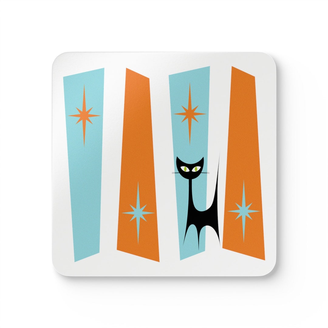 Mid Century Modern Atomic Cat Coasters Set of 4, Cork, Blue and Orange ...