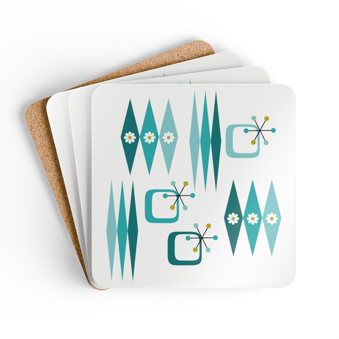 Mid Century Modern Coasters, Atomic Starburst Coasters, Set of 4, Teal ...