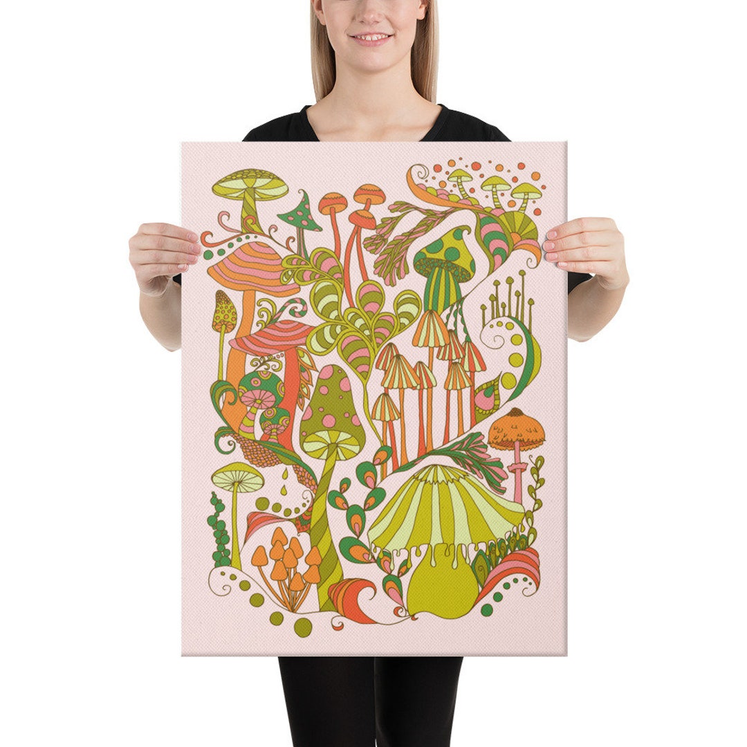 70s Mushroom Art Print on Canvas, Orange and Green Mushroom Art, 1970s ...