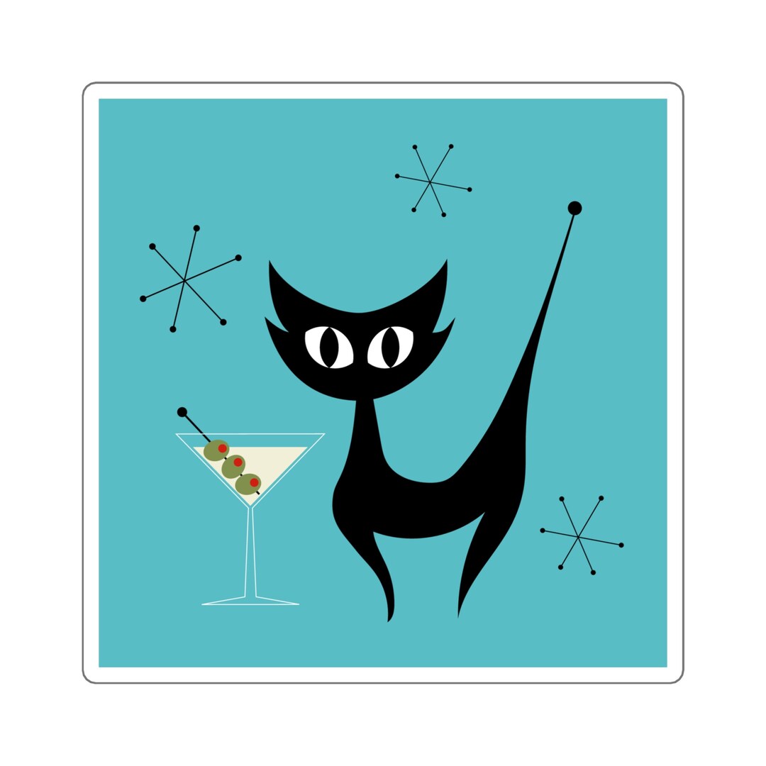 Atomic Cat Sticker, Retro Cat and Martini Glass Sticker, Mid Century ...