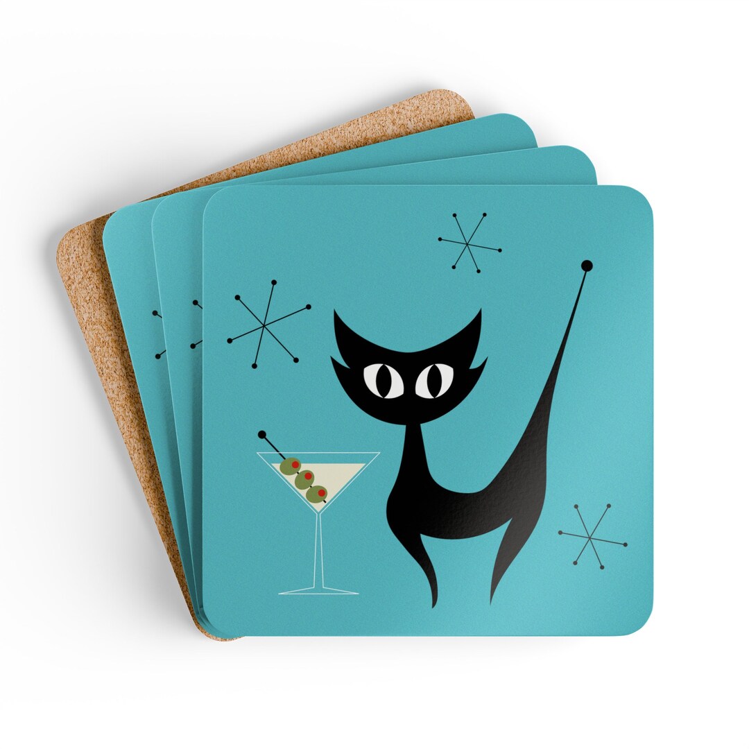 Atomic Cat Coasters, Mid Century Modern Coaster Set of 4, Martini Glass ...