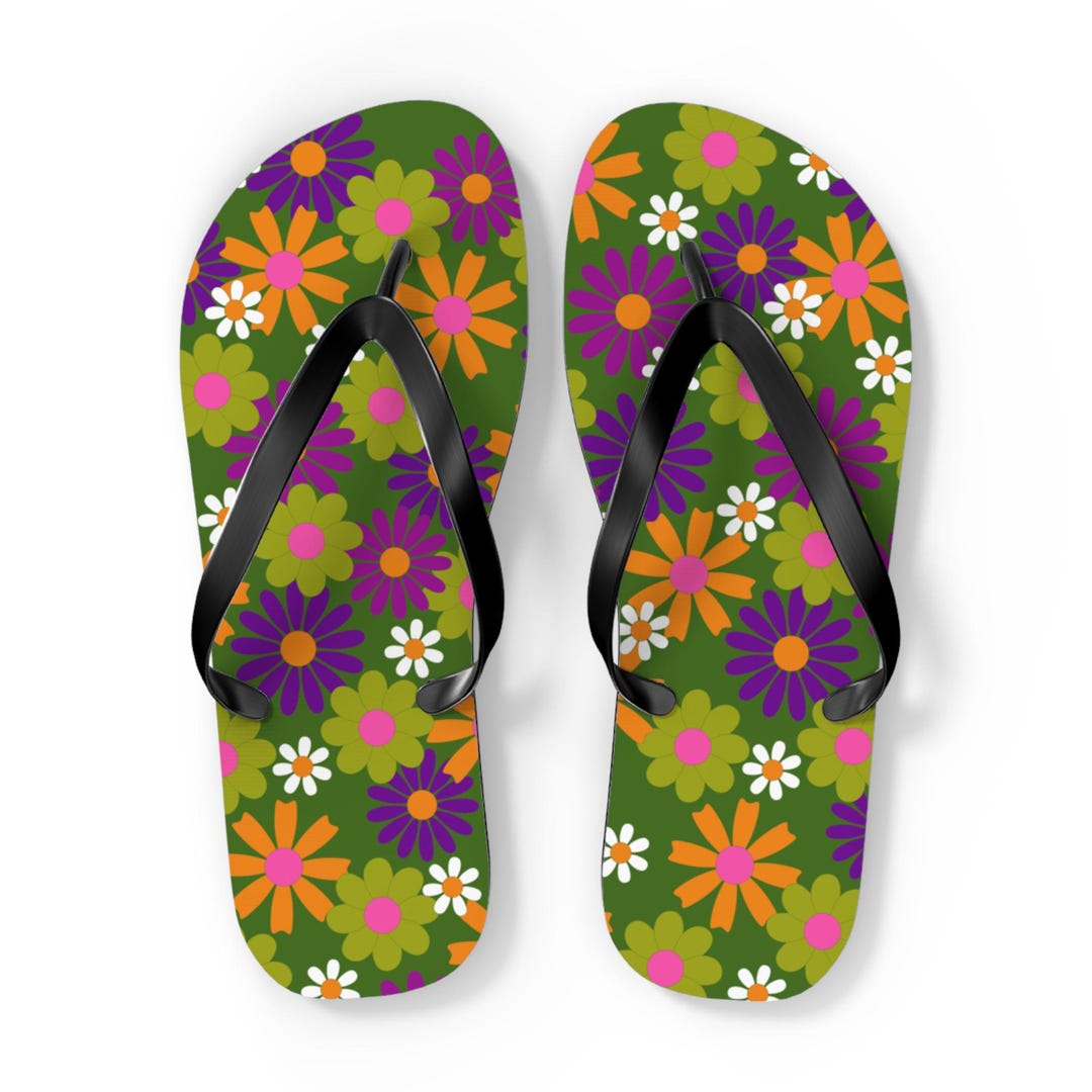 1970s Floral Flip Flops, Groovy 70s Flip Flops Sandals, Green Purple ...