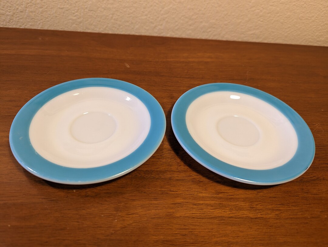 Vintage Pyrex Milk Glass Saucers With Aqua Blue Rims - Etsy