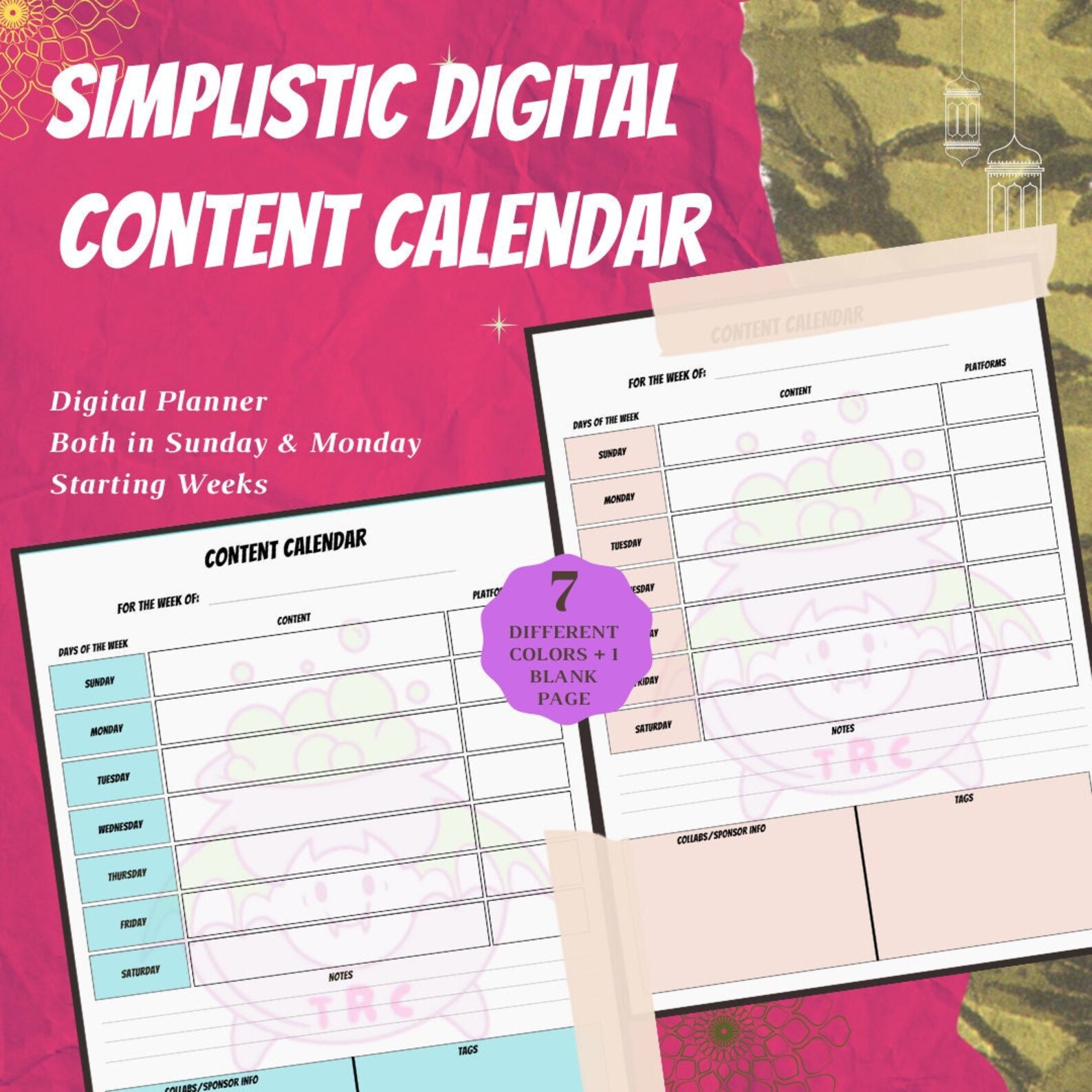 Simplistic Digital Content Calendar| Weekly Planner| Content Planner ...