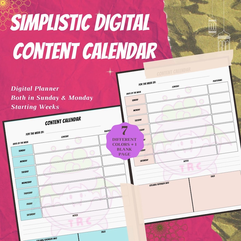 Simplistic Digital Content Calendar| Weekly Planner| Content Planner ...