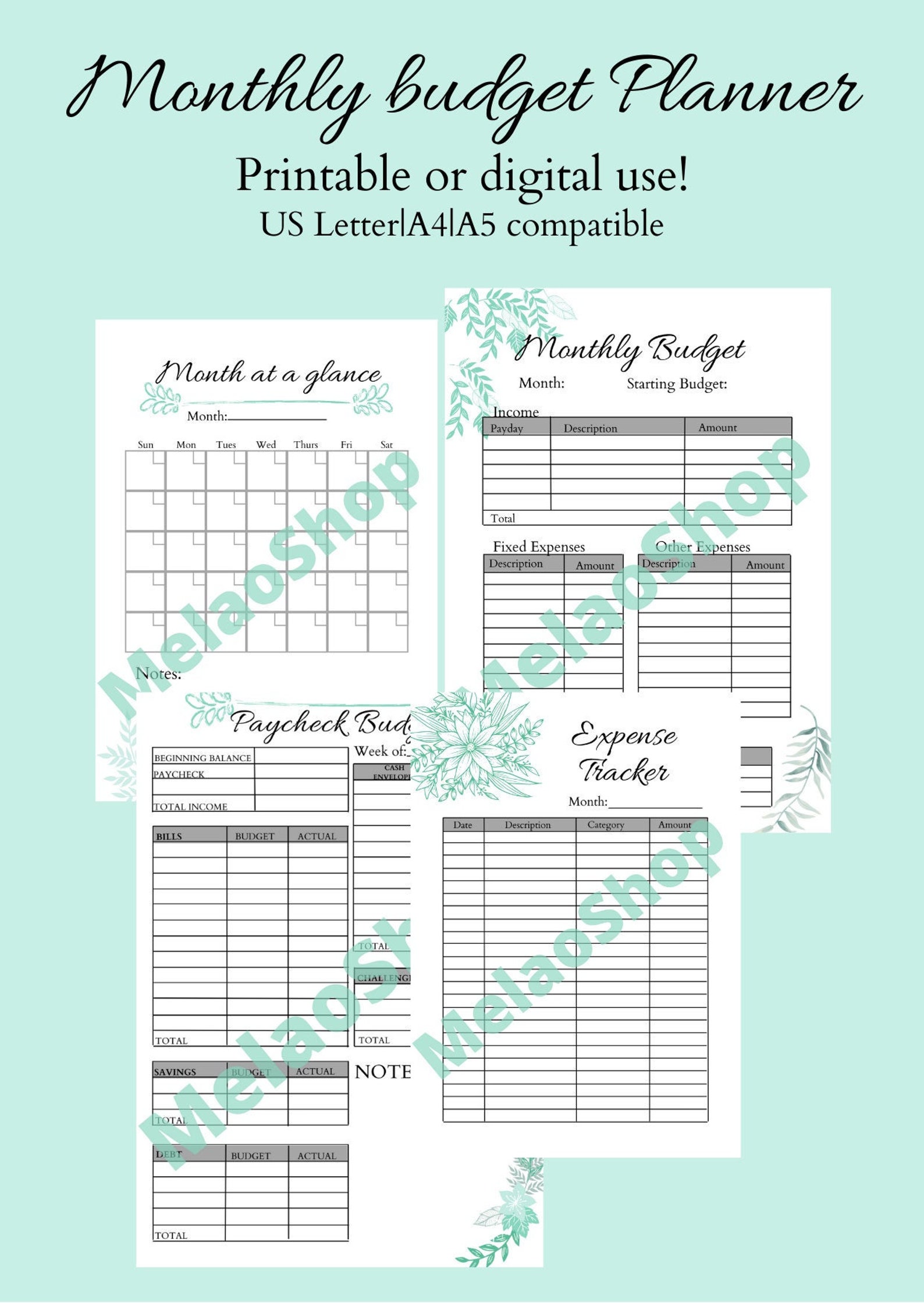 Printable and Digital Monthly Budget Planner | Month at a Glance ...